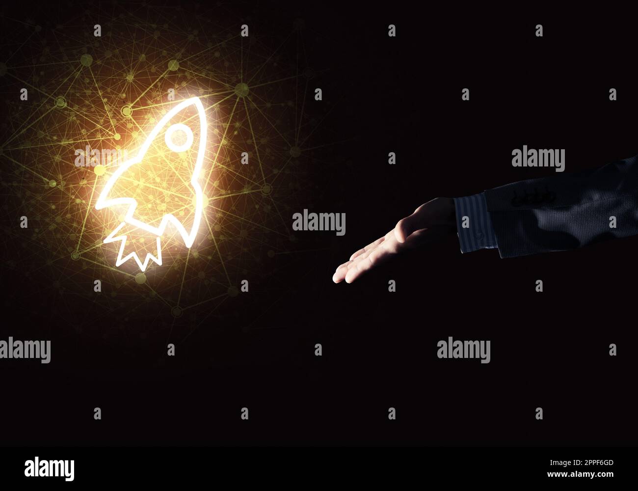 Man palm presenting Rocket web icon as technology concept Stock Photo ...