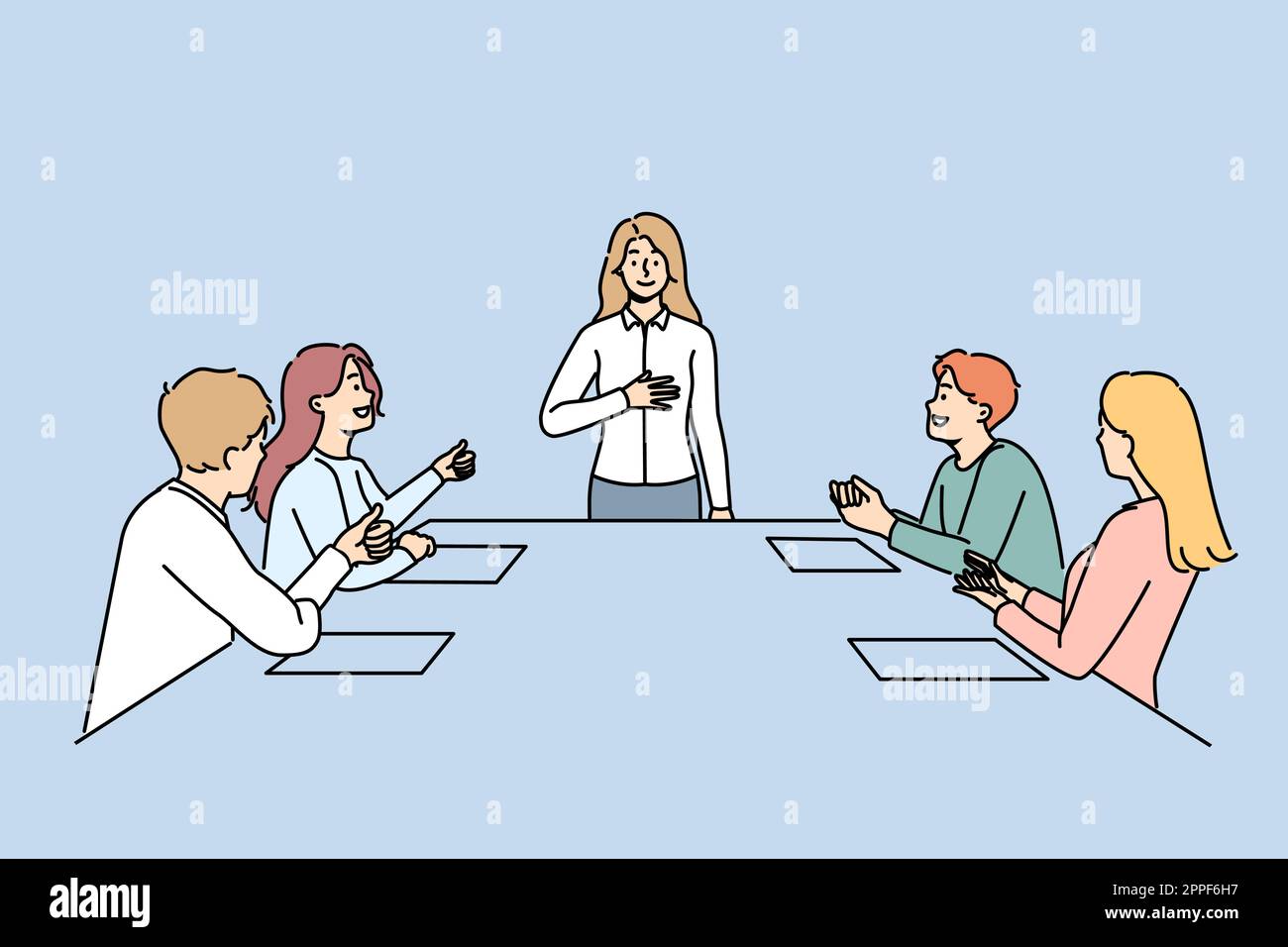 Smiling businesswoman thank audience for applause at business meeting ...