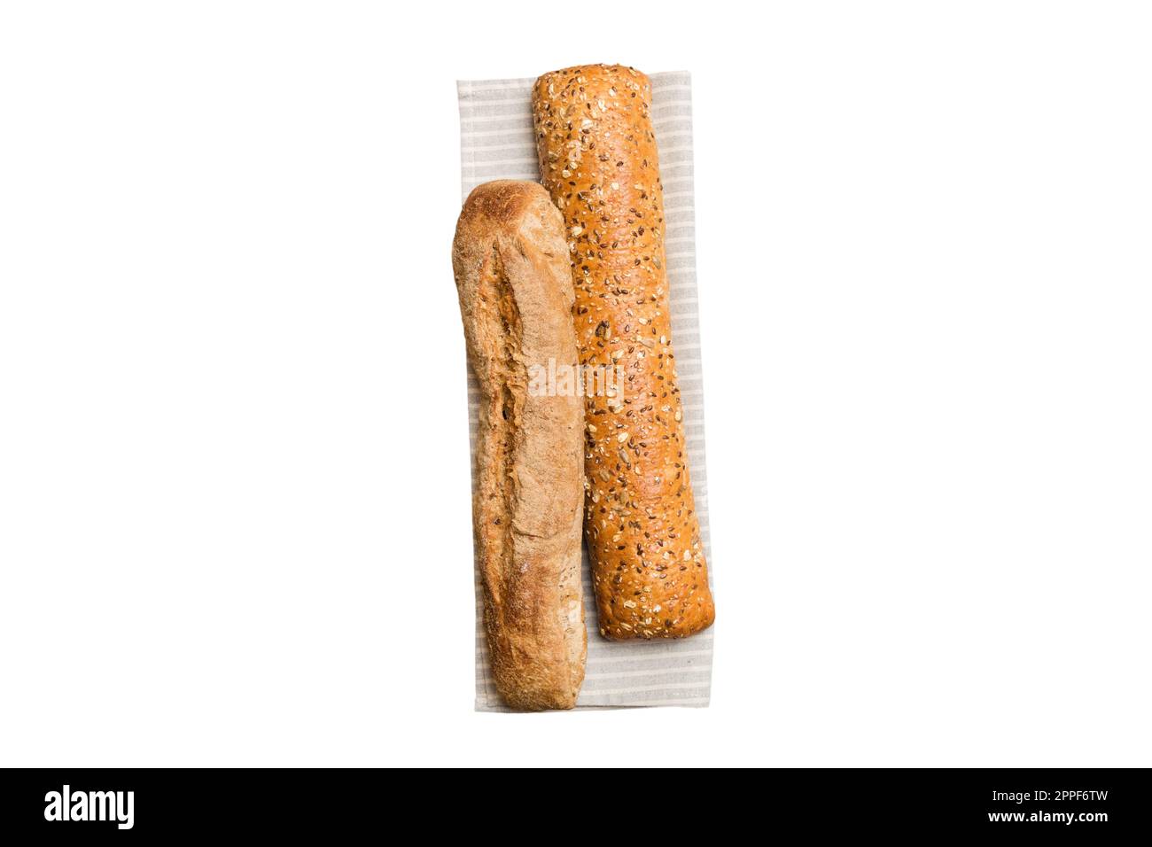 fresh crunchy french baguette isolated on white background. Top view ...