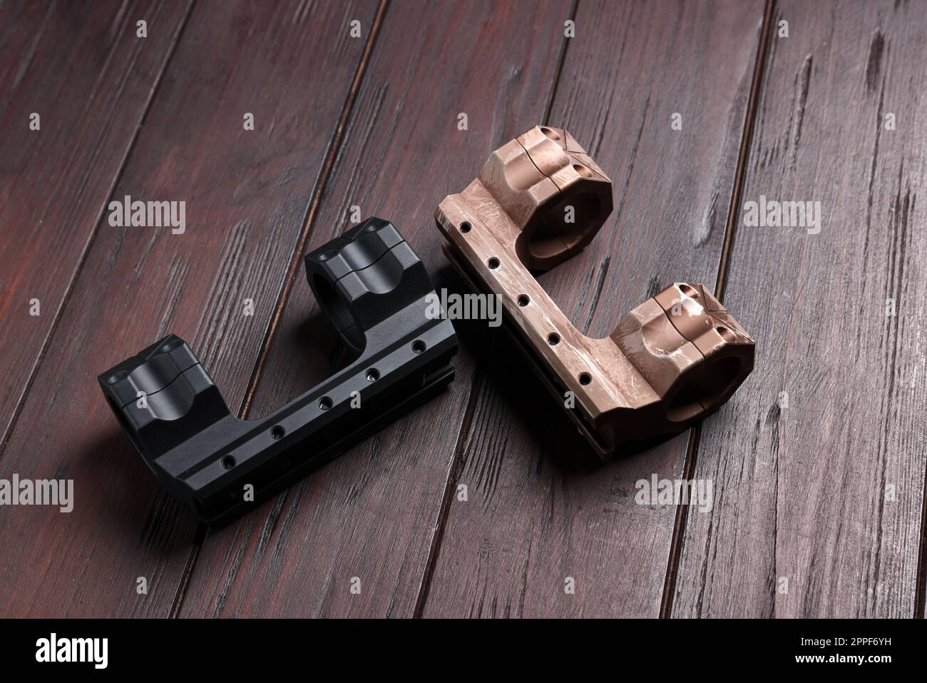 Quick disconnect sniper cantilever scope mounts on wooden table Stock ...