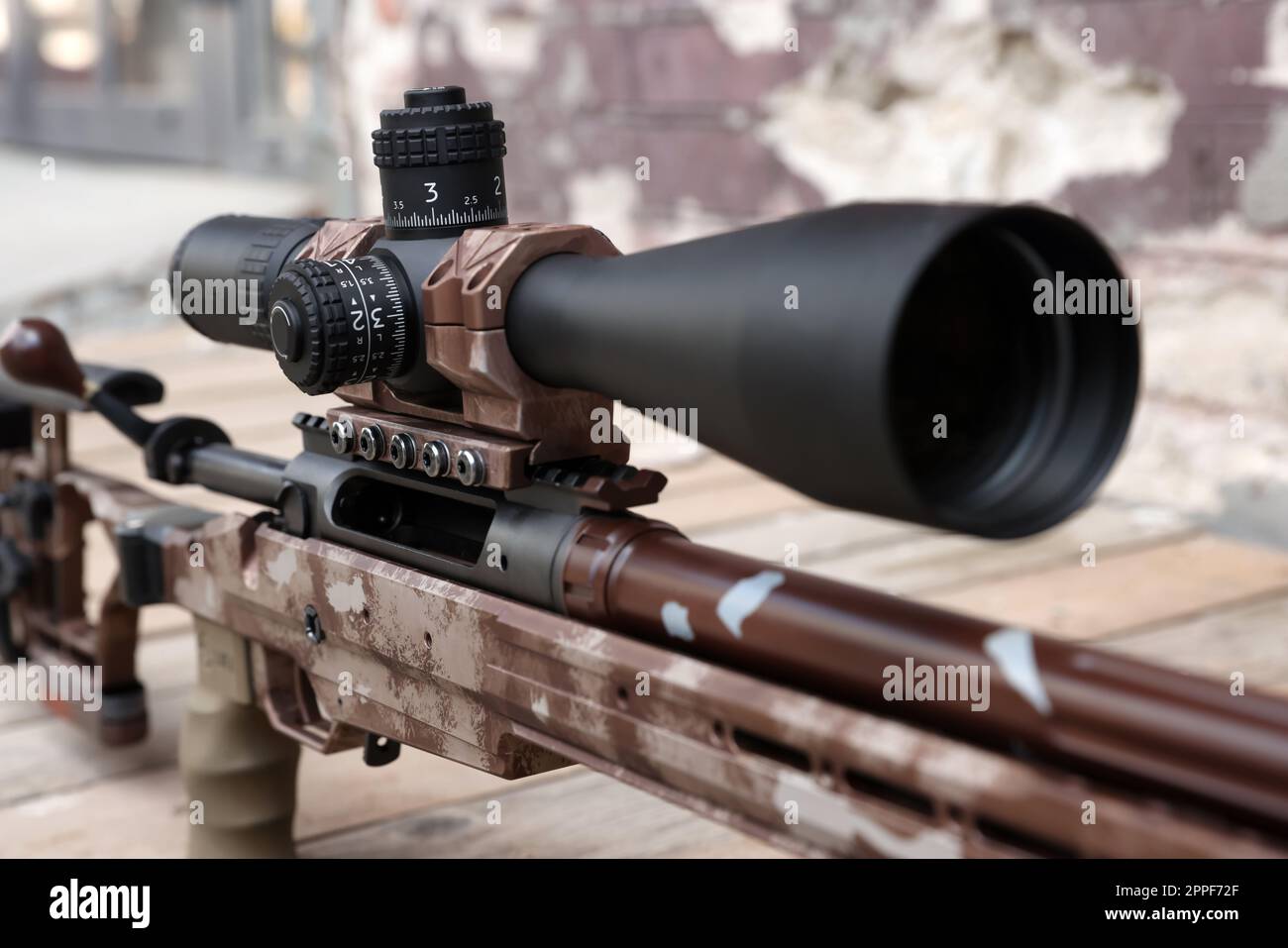 Closeup view of modern powerful sniper rifle with telescopic sight ...