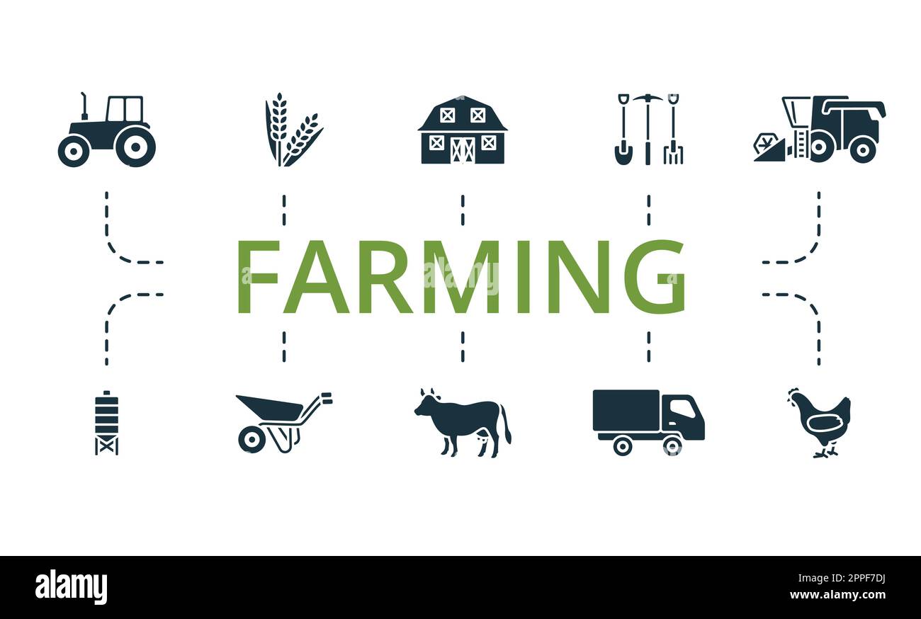 Farming outline set. Creative icons: tractor, wheat, barn, digging ...