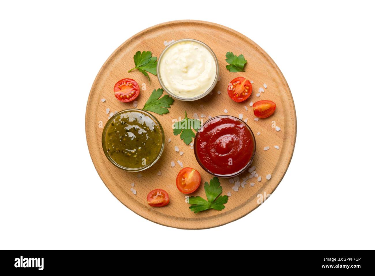 Many different sauces and herbs on table, flat lay top view. sauces on ...