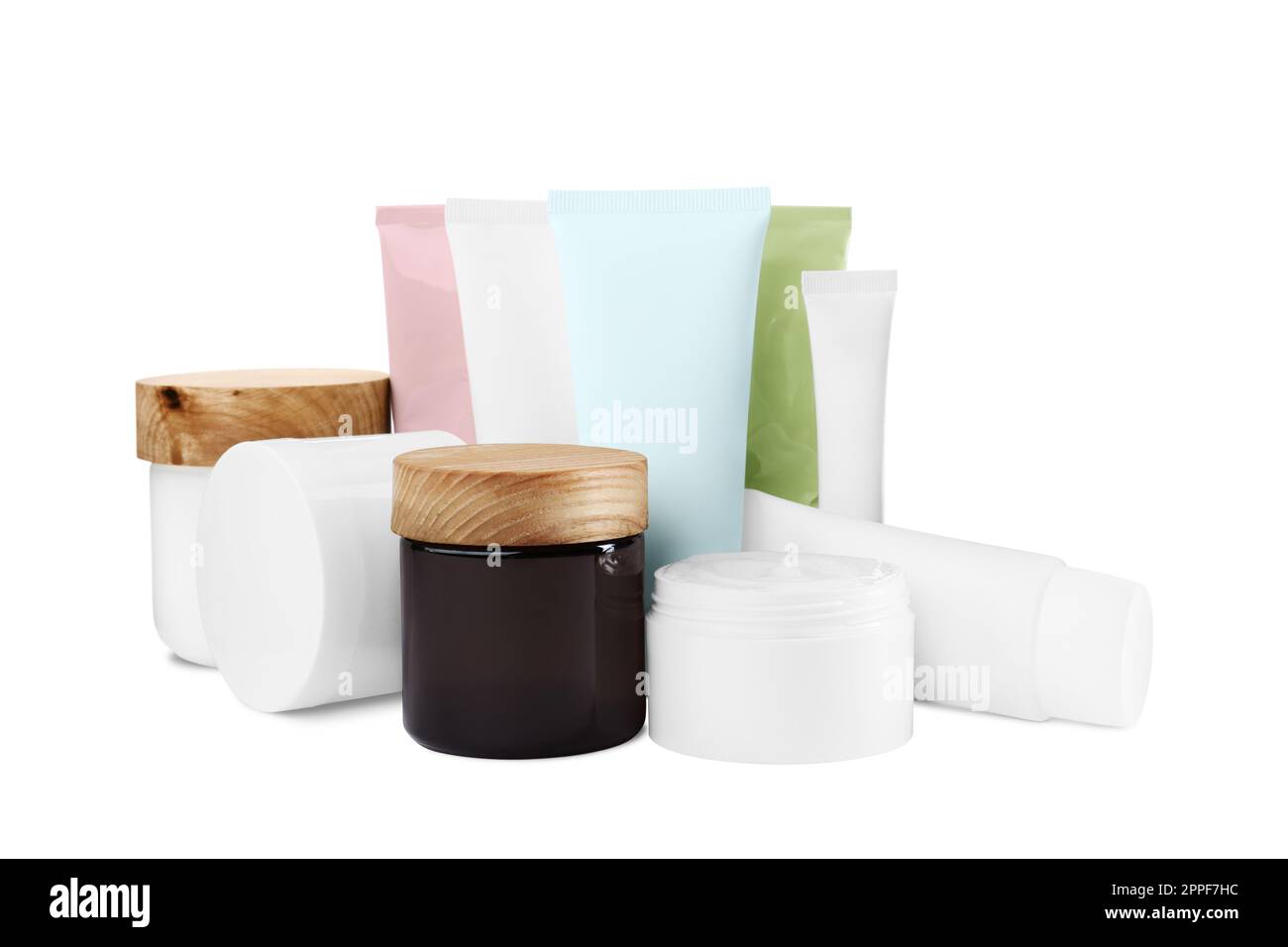 Set of different creams on white background Stock Photo - Alamy