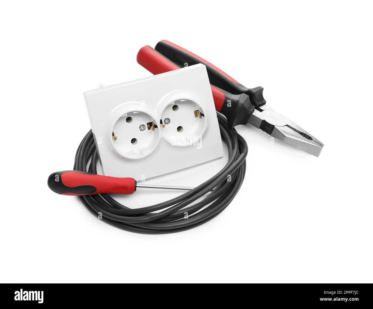 Set of sockets and electrician's tools isolated on white Stock Photo ...