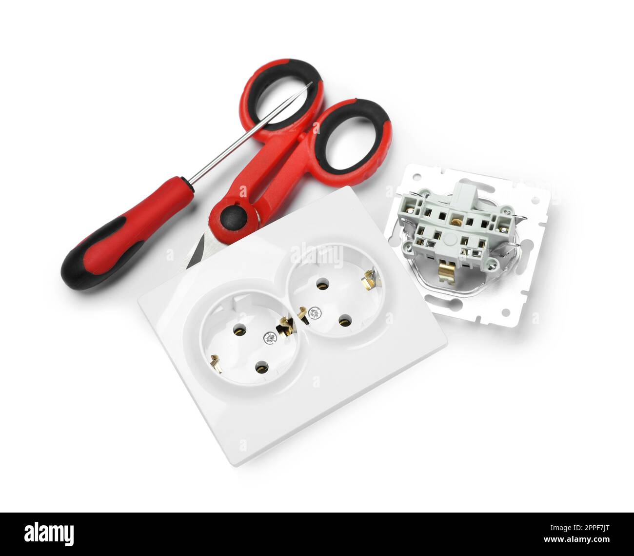 Set of sockets and electrician's tools isolated on white, top view ...