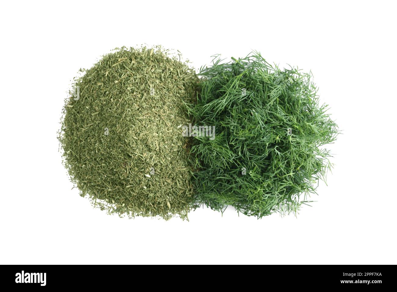 Piles of aromatic dry and fresh dill on white background, top view ...