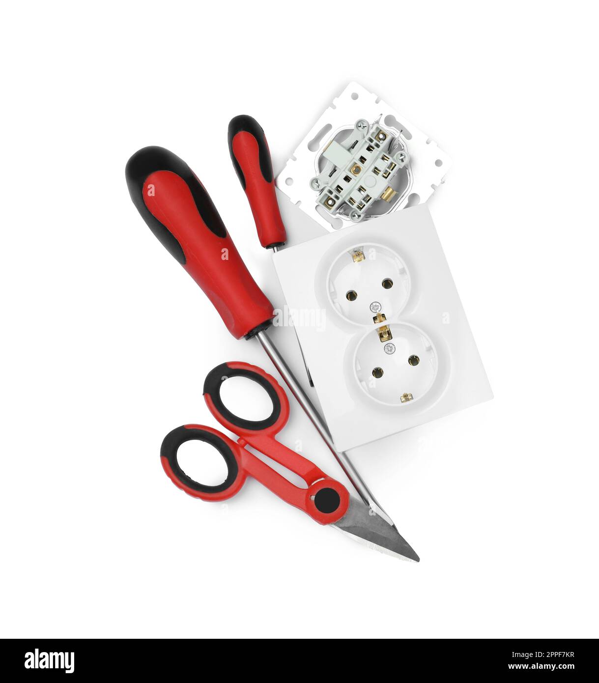 Set of sockets and electrician's tools isolated on white, top view ...