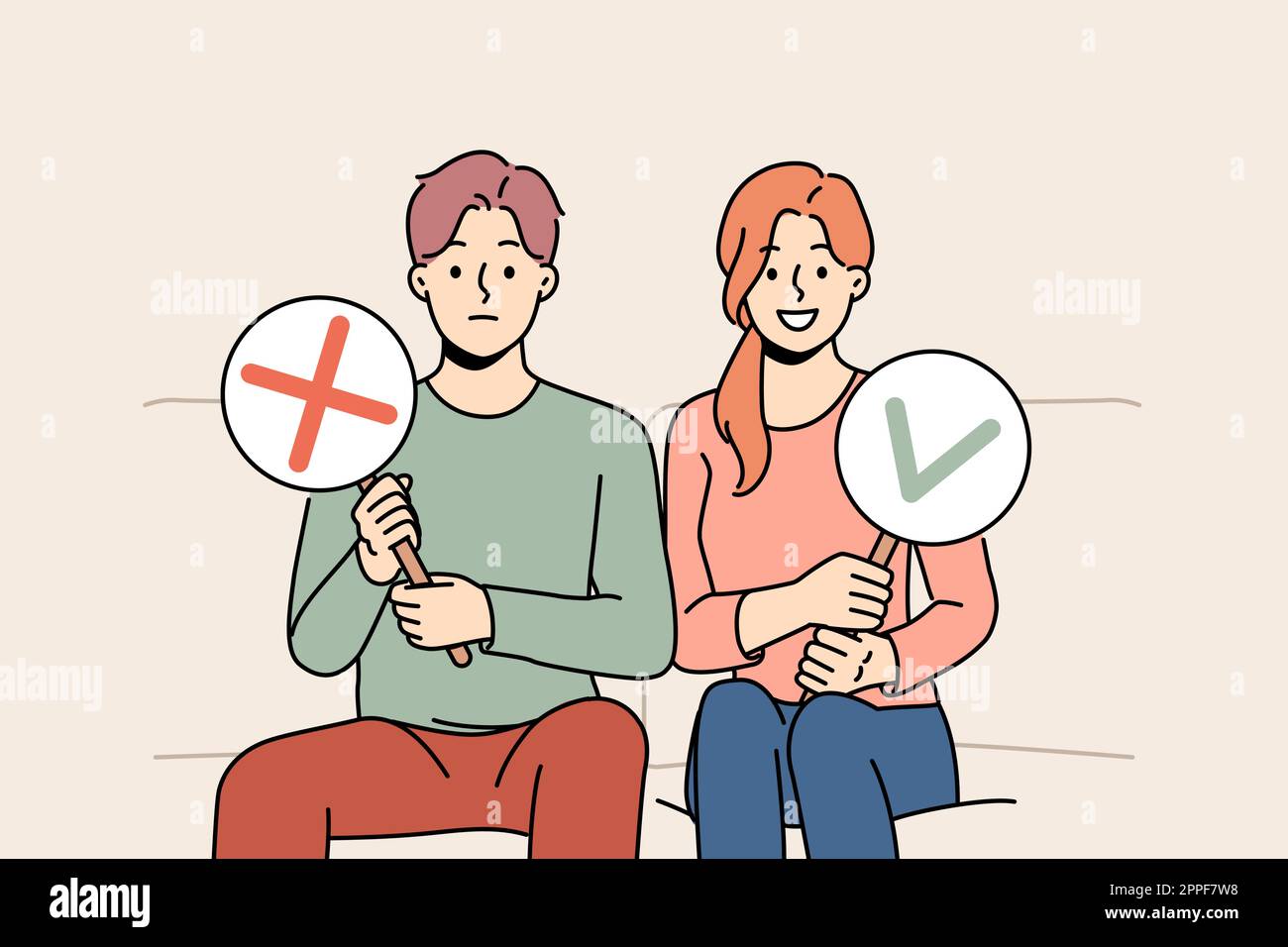 Couple sitting on couch showing yes and no signs. Man and woman feeling ...