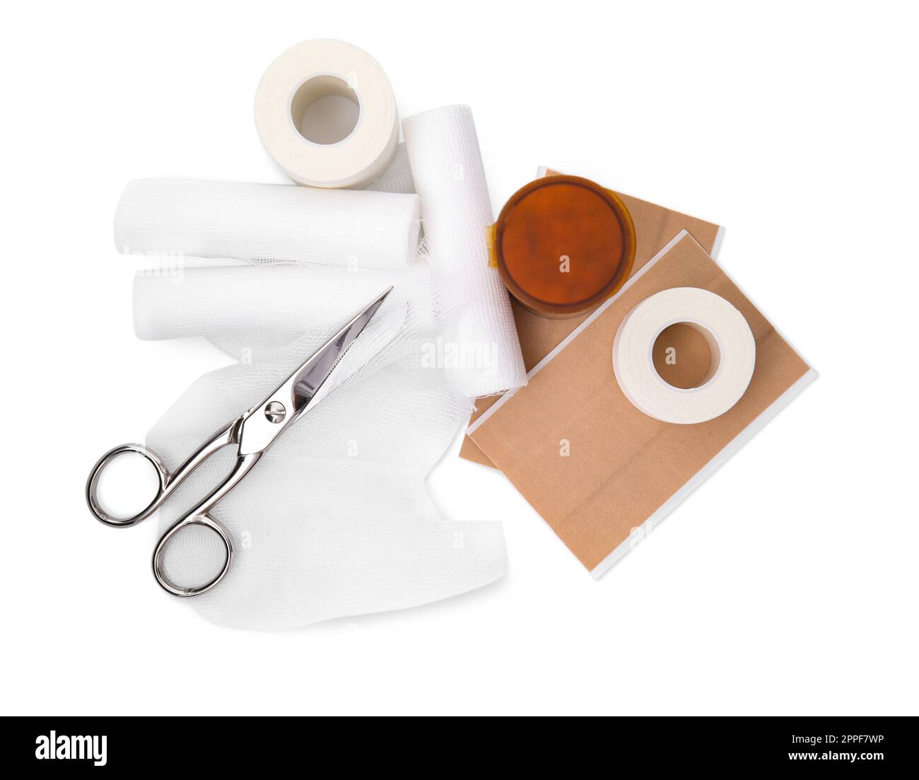 Bandage rolls and medical supplies on white background, top view Stock ...