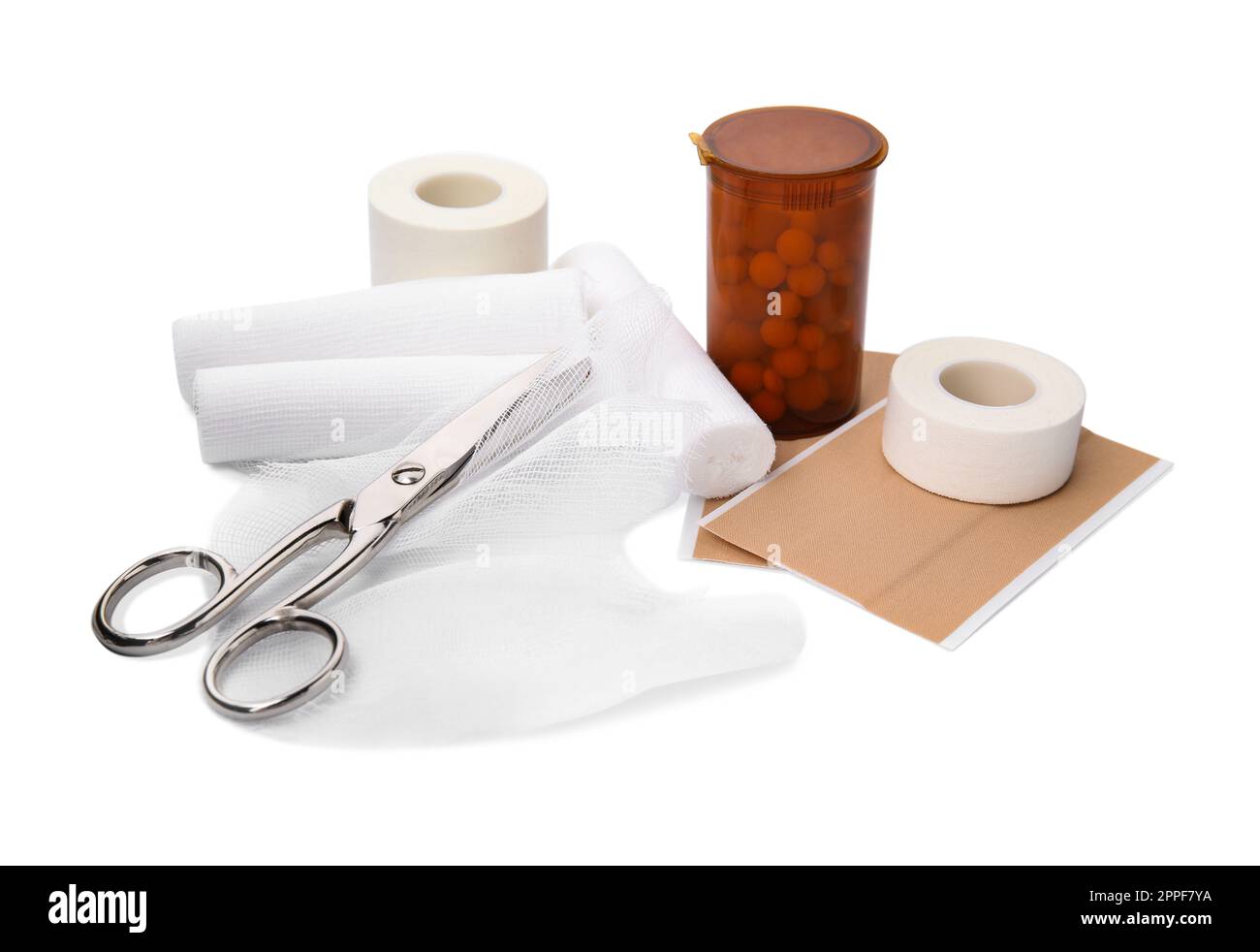 Bandage rolls and medical supplies on white background Stock Photo - Alamy