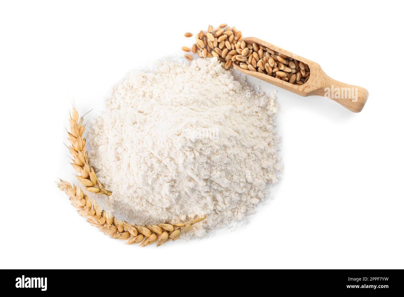 Pile of wheat flour, grains and spikes on white background, top view ...
