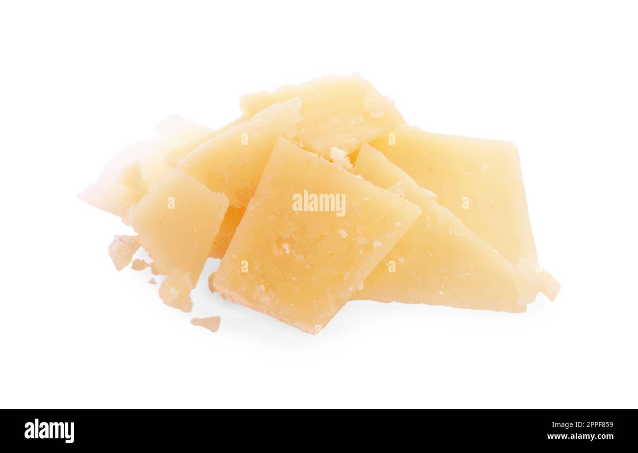 Pile of parmesan cheese pieces on white background Stock Photo - Alamy