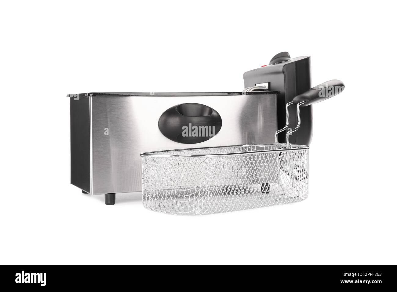 Modern deep fryer and baskets on white background. Kitchen device Stock ...