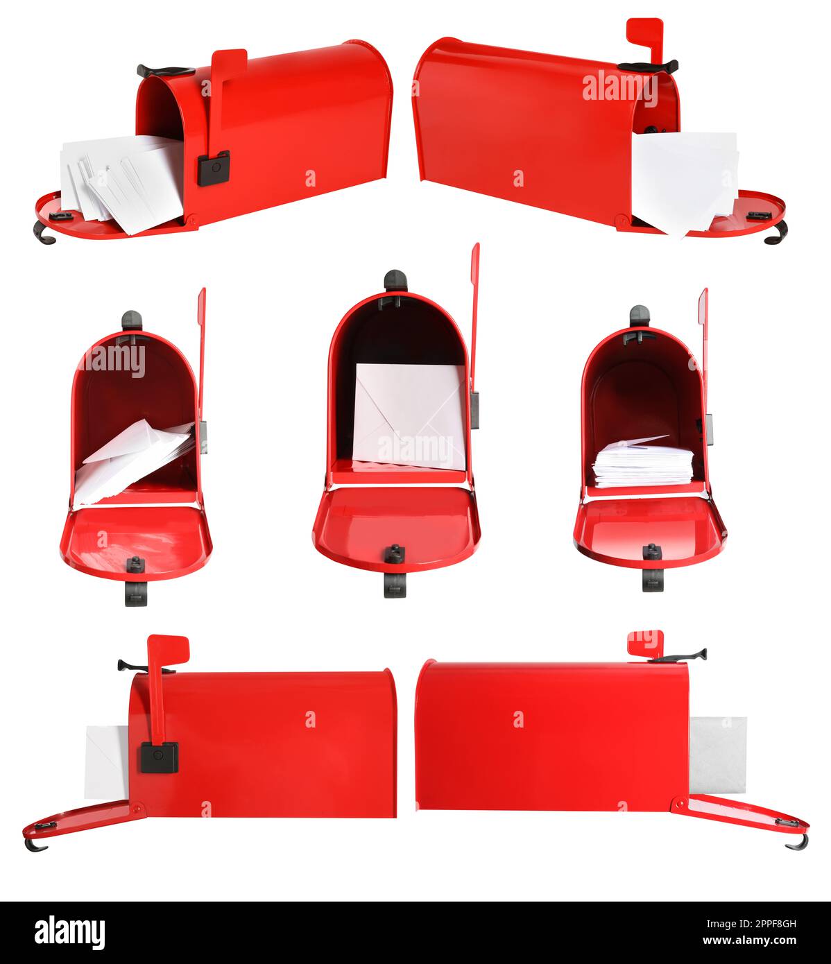 Set of open red letter boxes with correspondence on white background ...