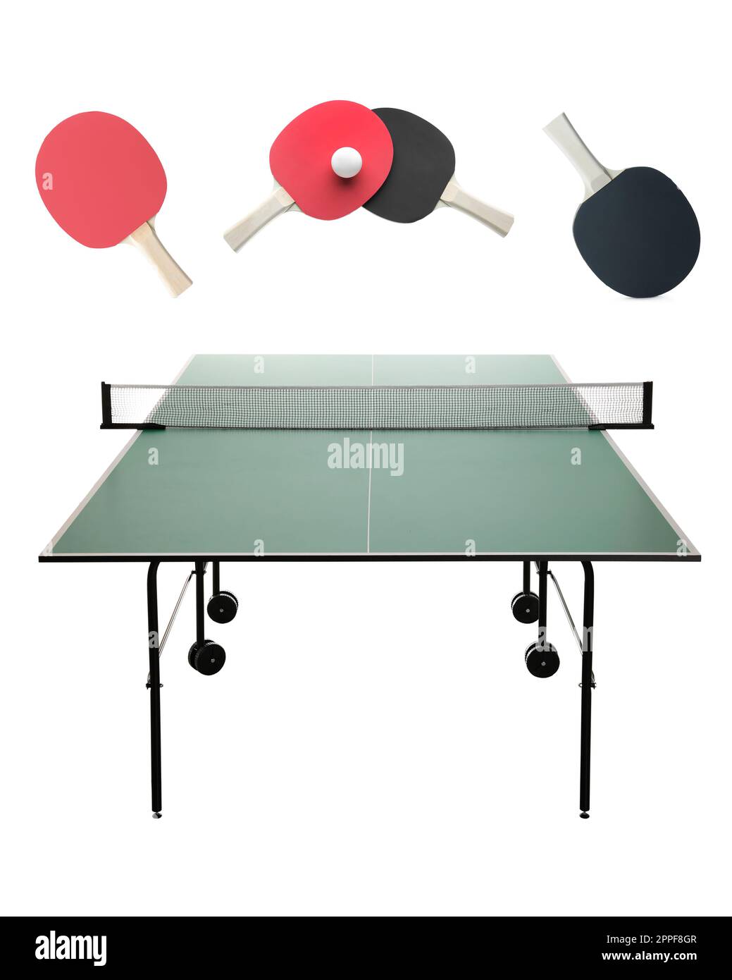 Green ping pong table and rackets with ball on white background Stock ...
