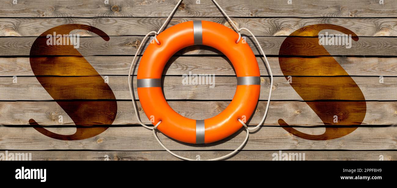 SOS message made from lifebuoy and letters on wooden wall. Banner ...
