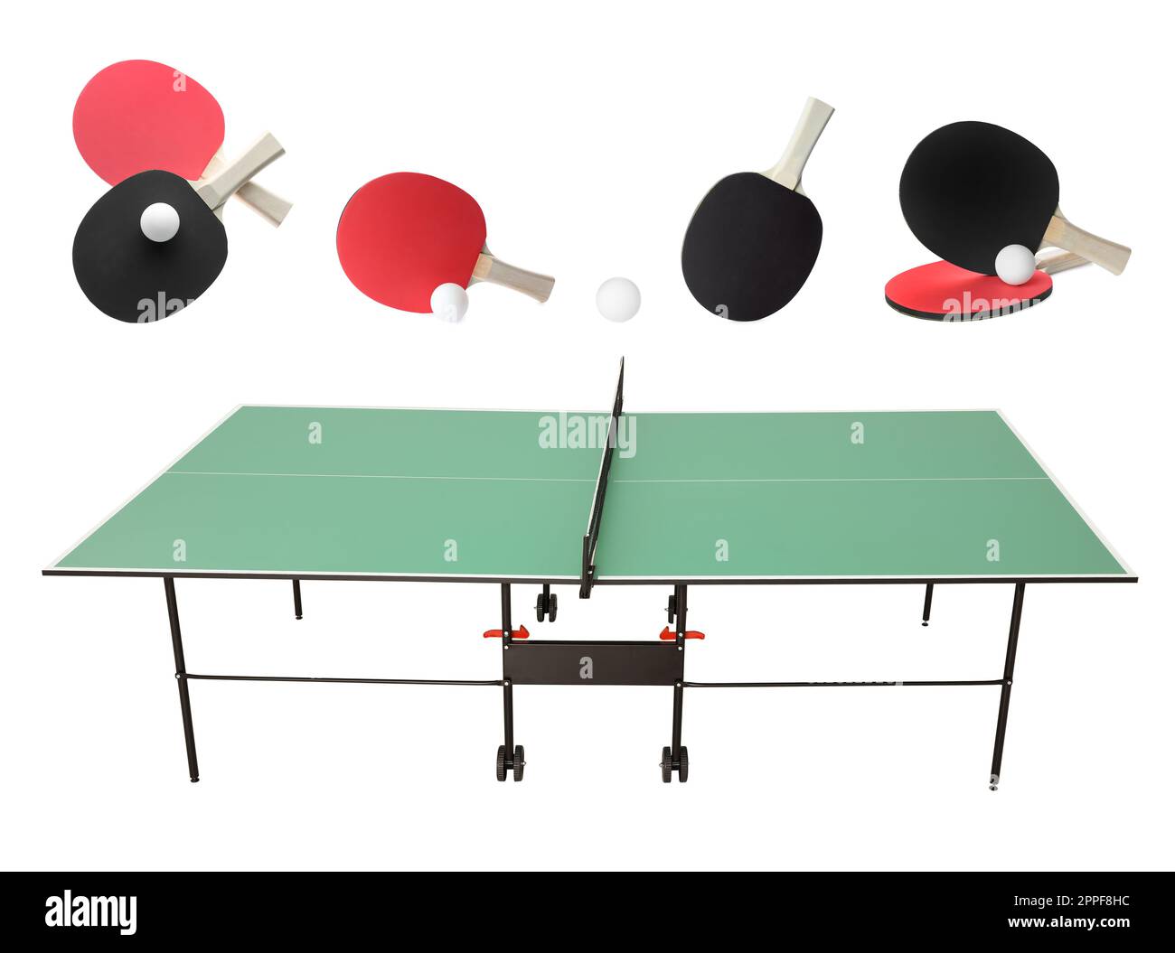 Green ping pong table and rackets with balls on white background Stock ...