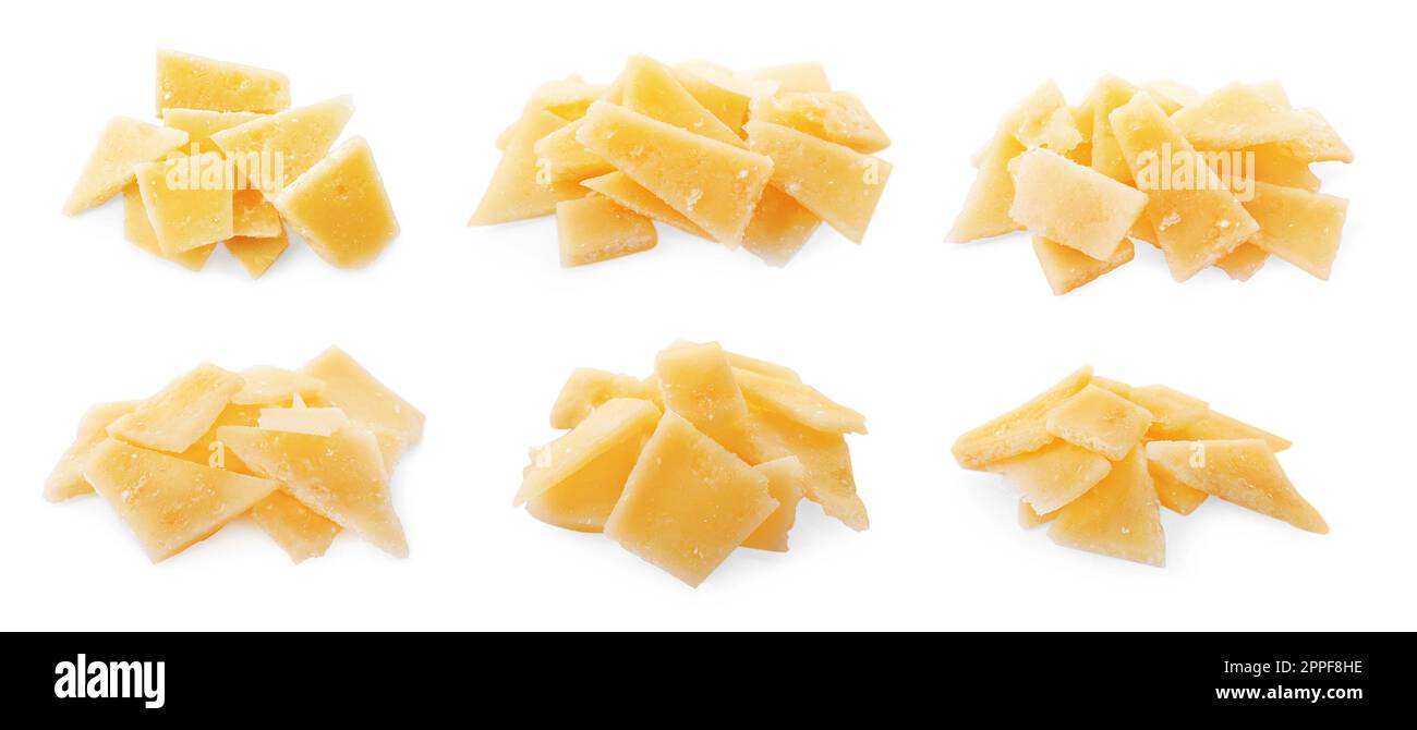 Set with delicious parmesan cheese on white background. Banner design ...