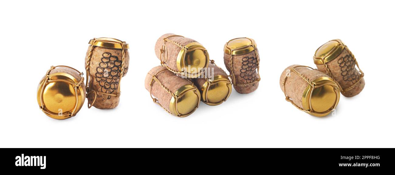 Set with corks of sparkling wine bottles with muselet caps on white ...
