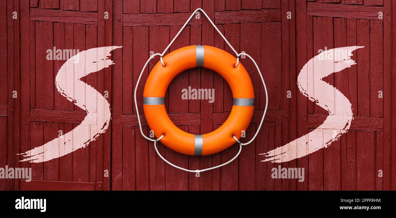SOS message made from lifebuoy and letters on red wooden wall. Banner ...