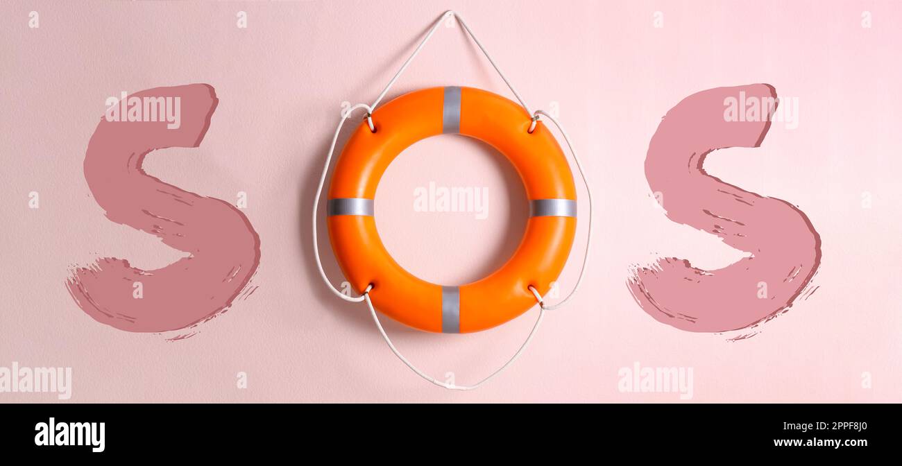 SOS message made from lifebuoy and letters on pink background. Banner ...
