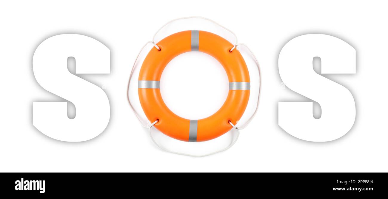SOS message made from lifebuoy and letters on white background. Banner ...