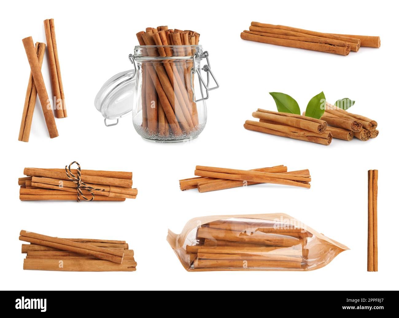 Set with aromatic dry cinnamon sticks on white background Stock Photo ...