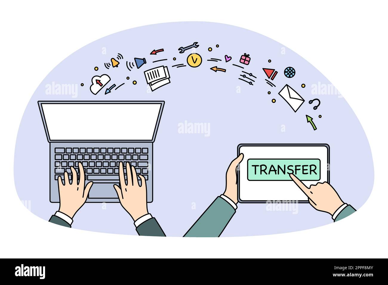 Transferring information and technologies concept. Top view flat-lay of ...