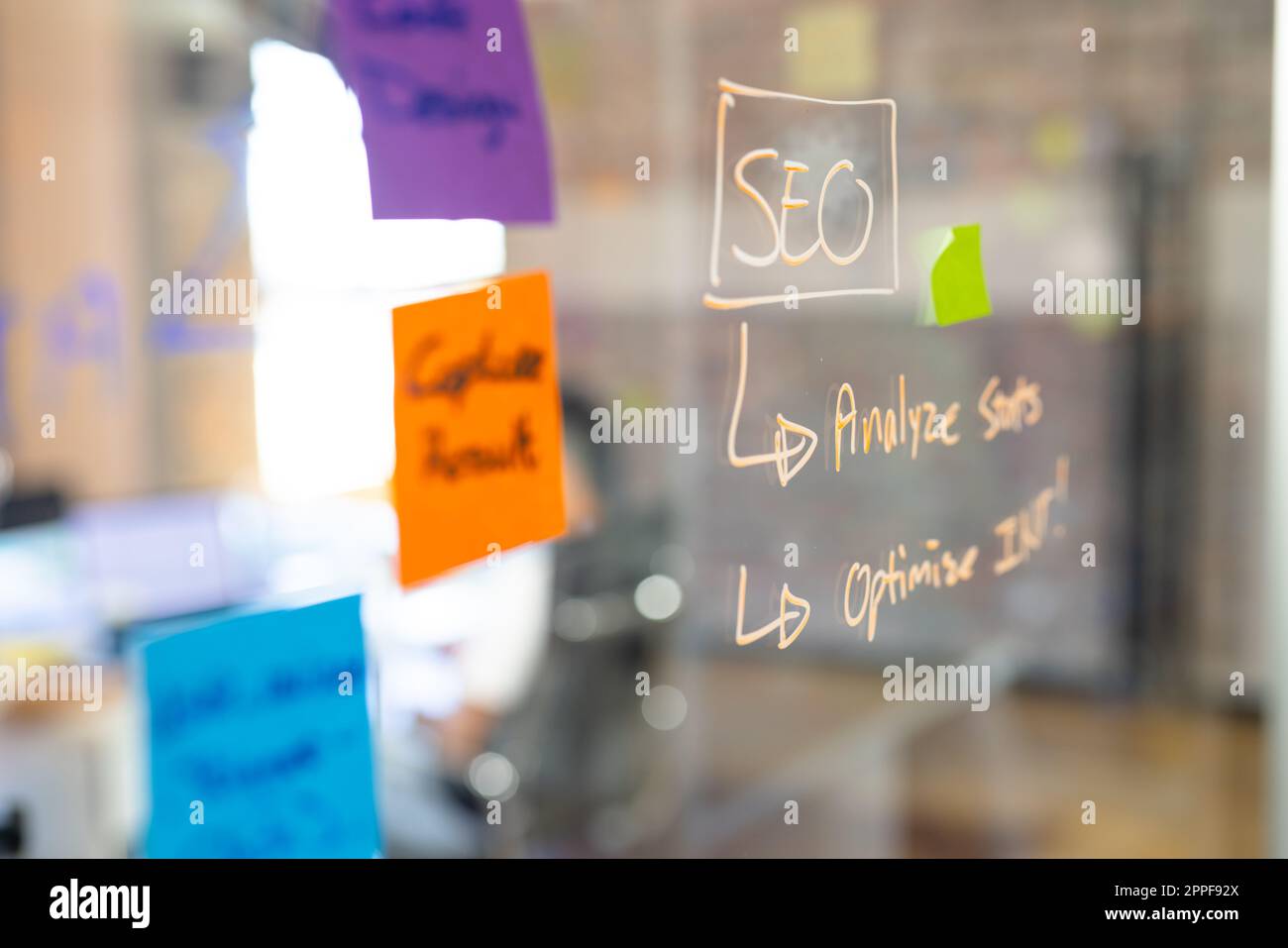 Coloured sticky memos and brainstorming notes on glass wall Stock Photo ...