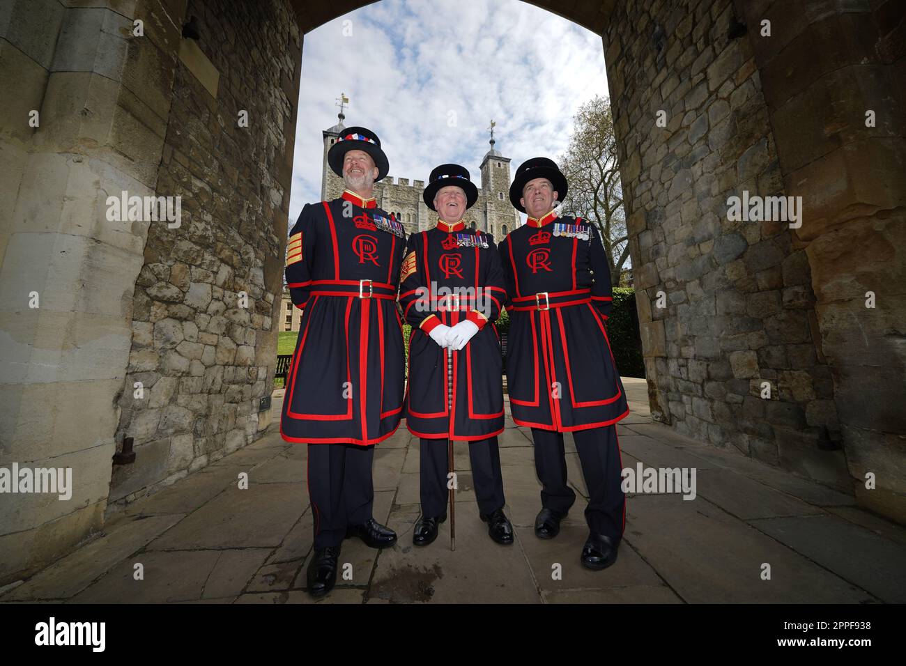 Yeoman Warders, also known as Beefeaters, in their new uniform for King Charles III's coronation ...