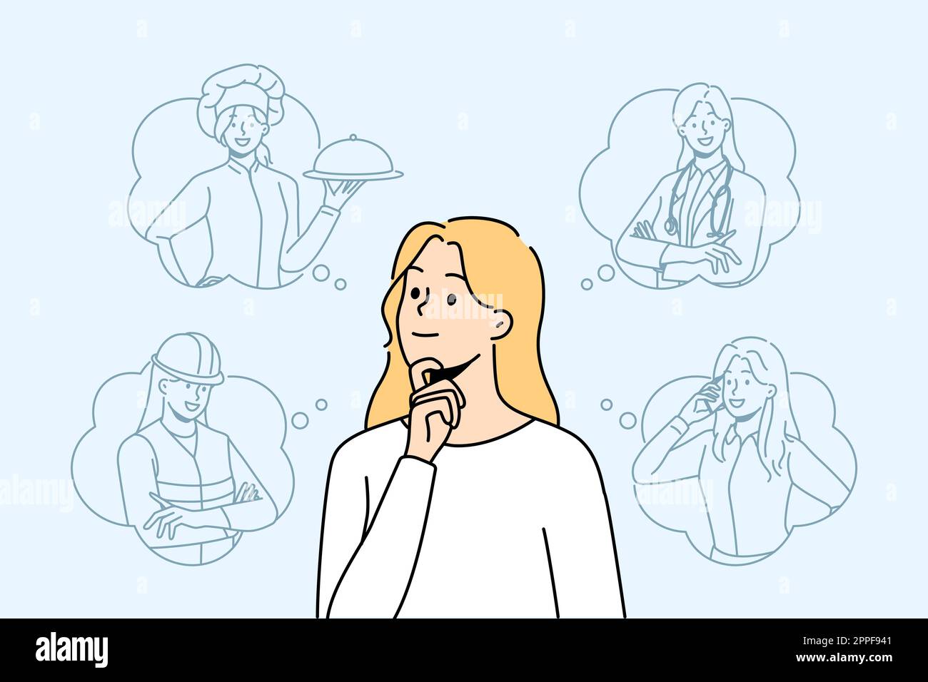 Smiling woman with occupations in speech bubbles think of career option ...
