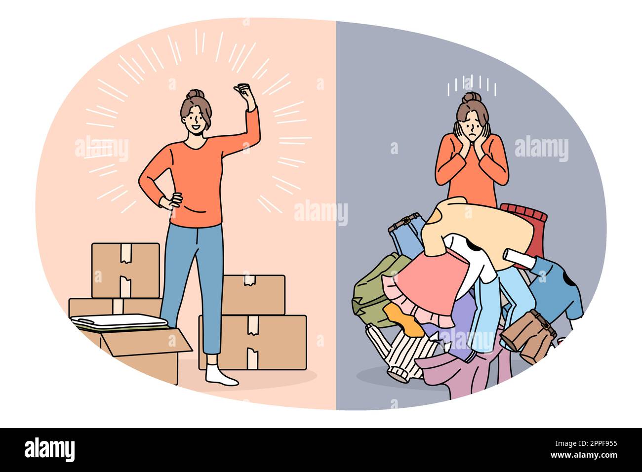 Tiding up and packing concept. Stressed frustrated girl with messy much ...