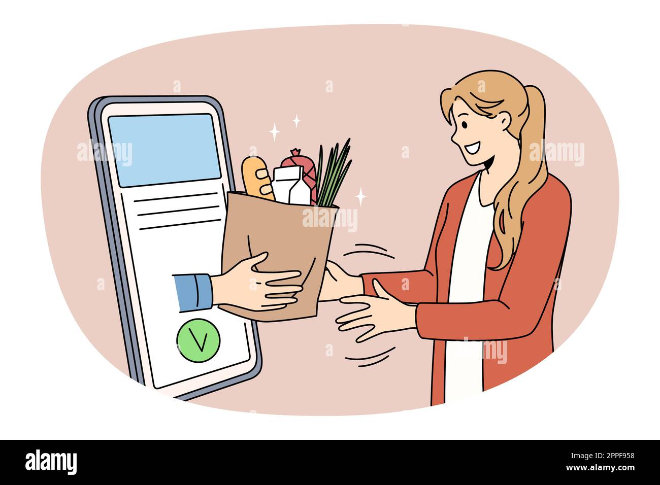 Food Delivery service to home concept. Young smiling woman standing ...