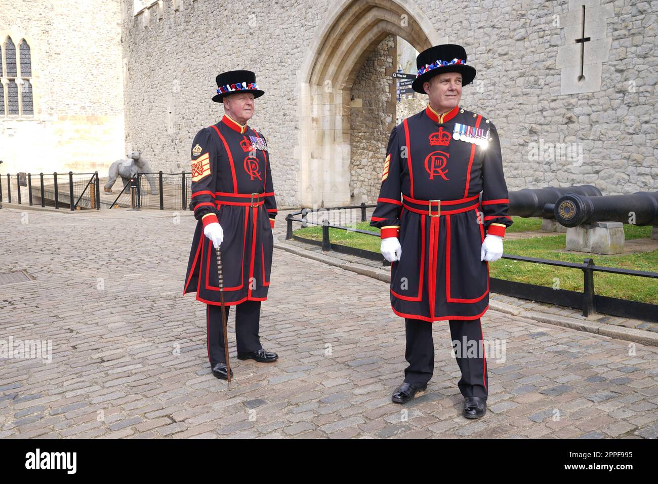 Yeoman Warders, also known as Beefeaters, in their new uniform for King ...