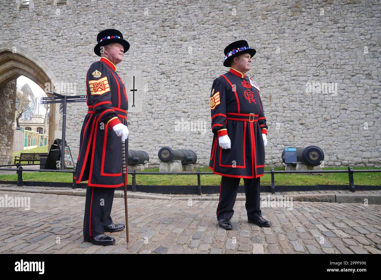 Yeoman Warders, also known as Beefeaters, in their new uniform for King Charles III's coronation ...