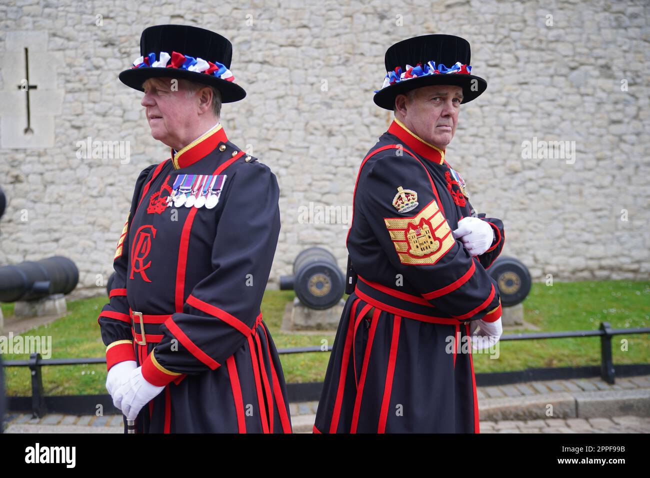 Yeoman Warders, also known as Beefeaters, in their new uniform for King ...