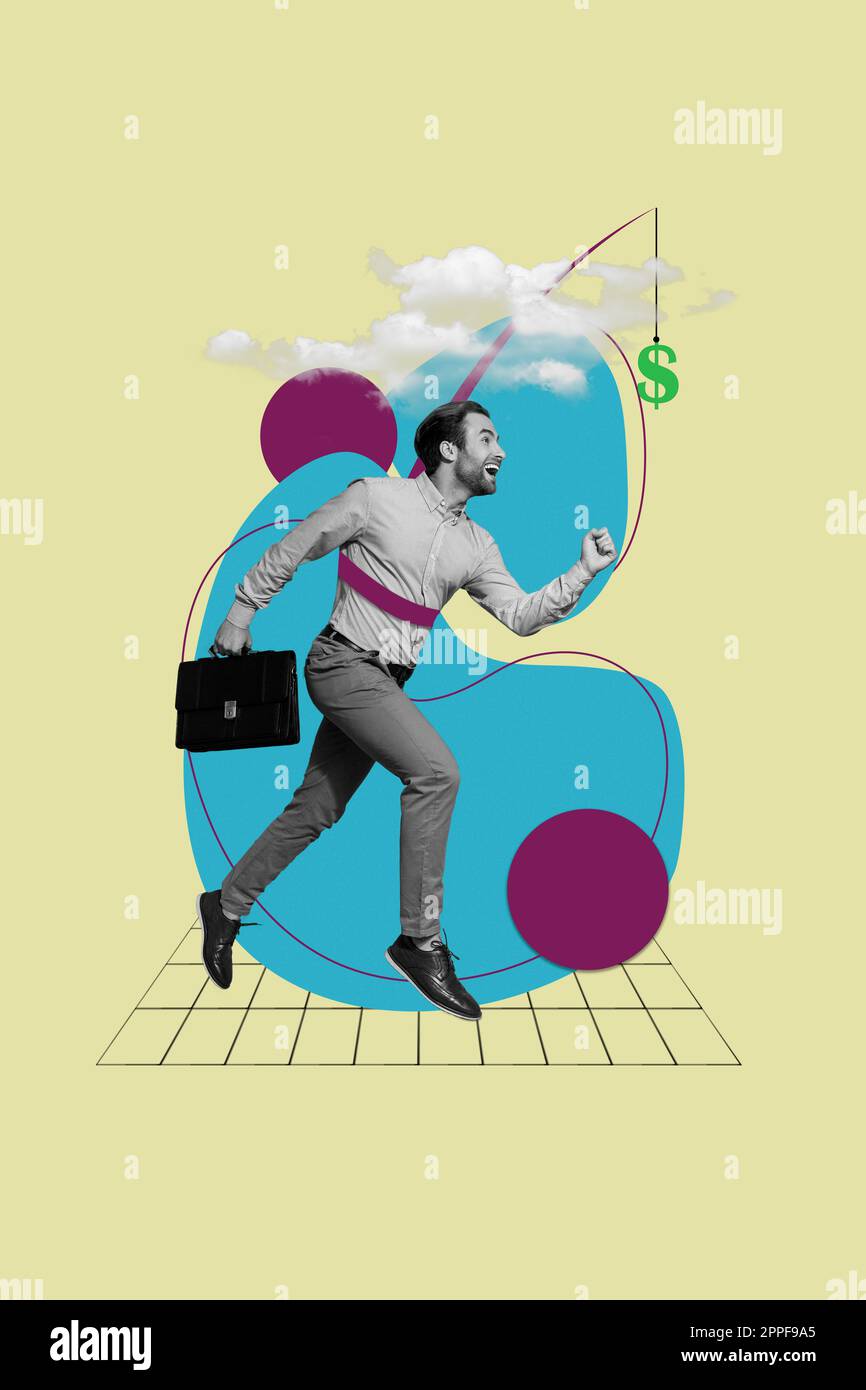 Vertical image poster artwork collage of happy excited person running ...