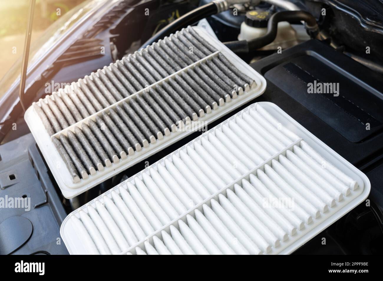 Changing car air filter, close up at the new and clean air filter. Car ...