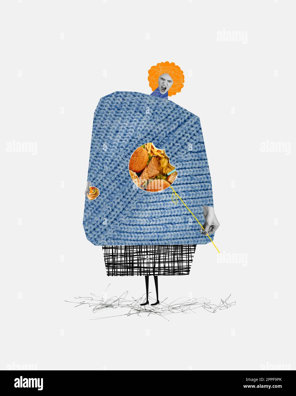 Junk food obsession. Young angry woman suffering from overweight ...