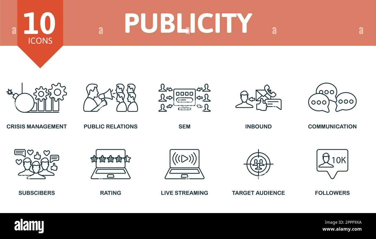 Publicity outline set. Creative icons: crisis management, public ...