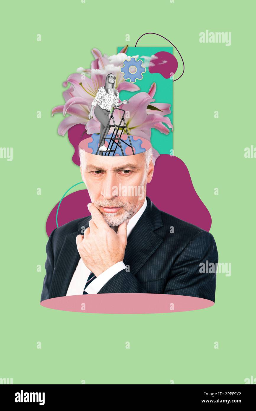 Poster 3d picture collage photo of minded man hand touch chin decide ...