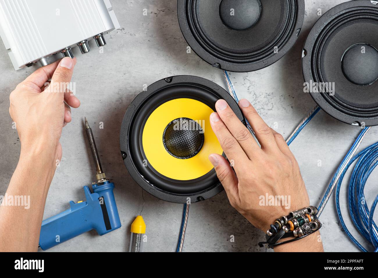 The black audio loudspeaker with yellow diaphragm. audio equipment ...