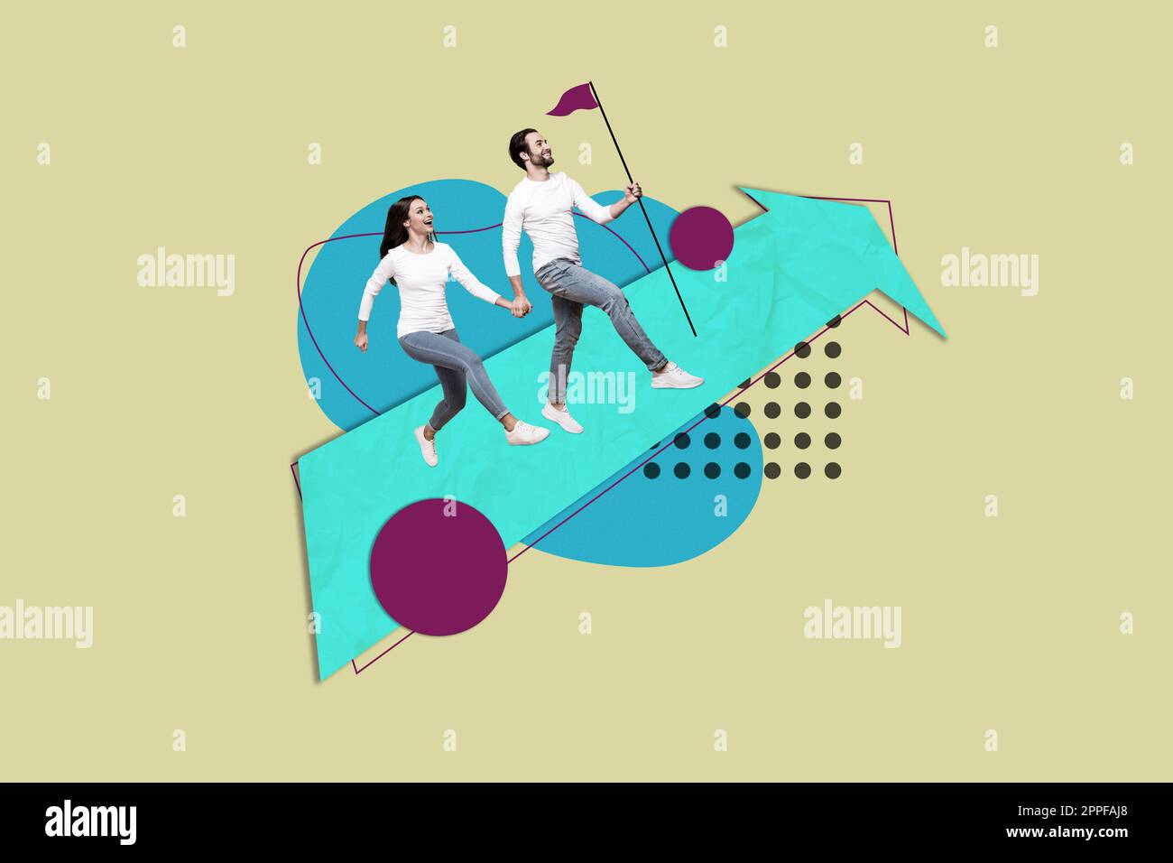 Creative collage image of two mini people hold arms target flag run ...