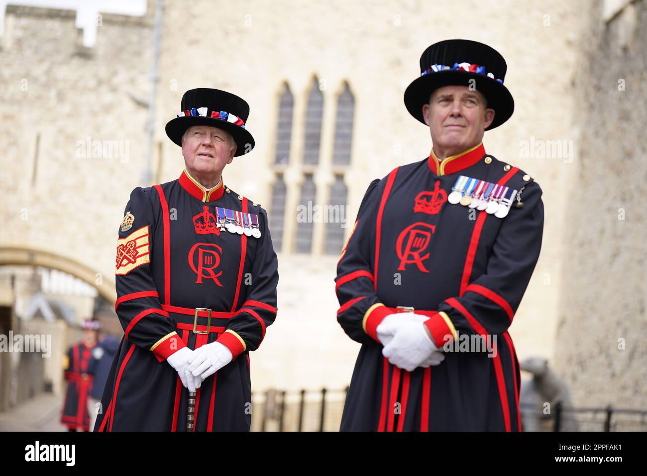 Yeoman Warders, also known as Beefeaters, in their new uniform for King ...