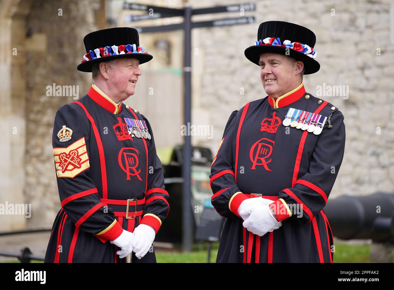 Yeoman Warders, also known as Beefeaters, in their new uniform for King Charles III's coronation ...