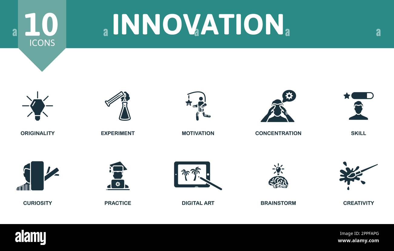 Innovation outline set. Creative icons: originality, experiment ...