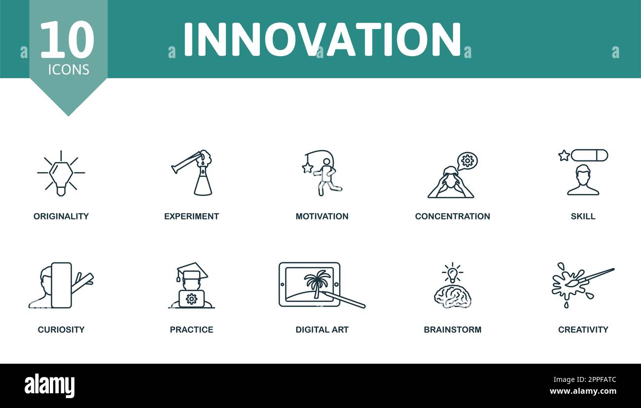 Innovation outline set. Creative icons: originality, experiment ...