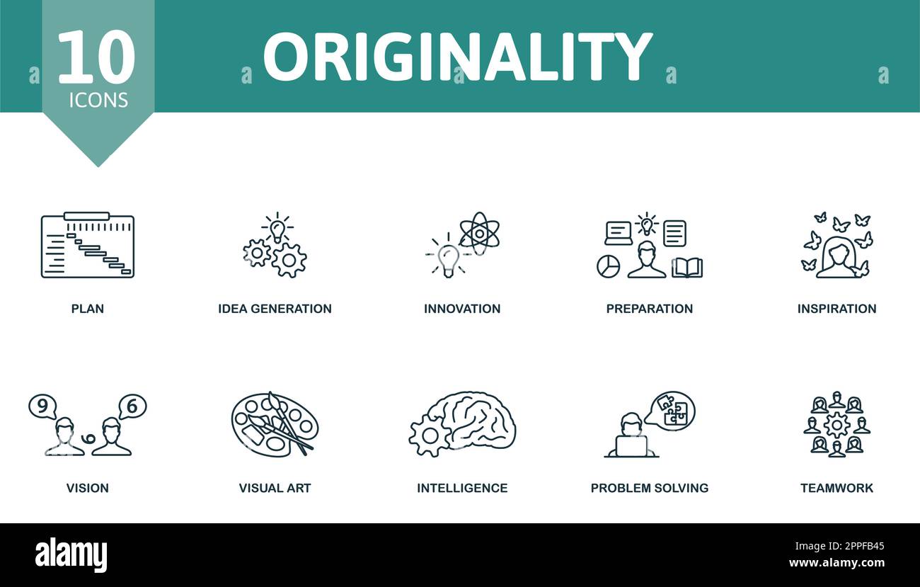 Originality outline set. Creative icons: plan, idea generation ...