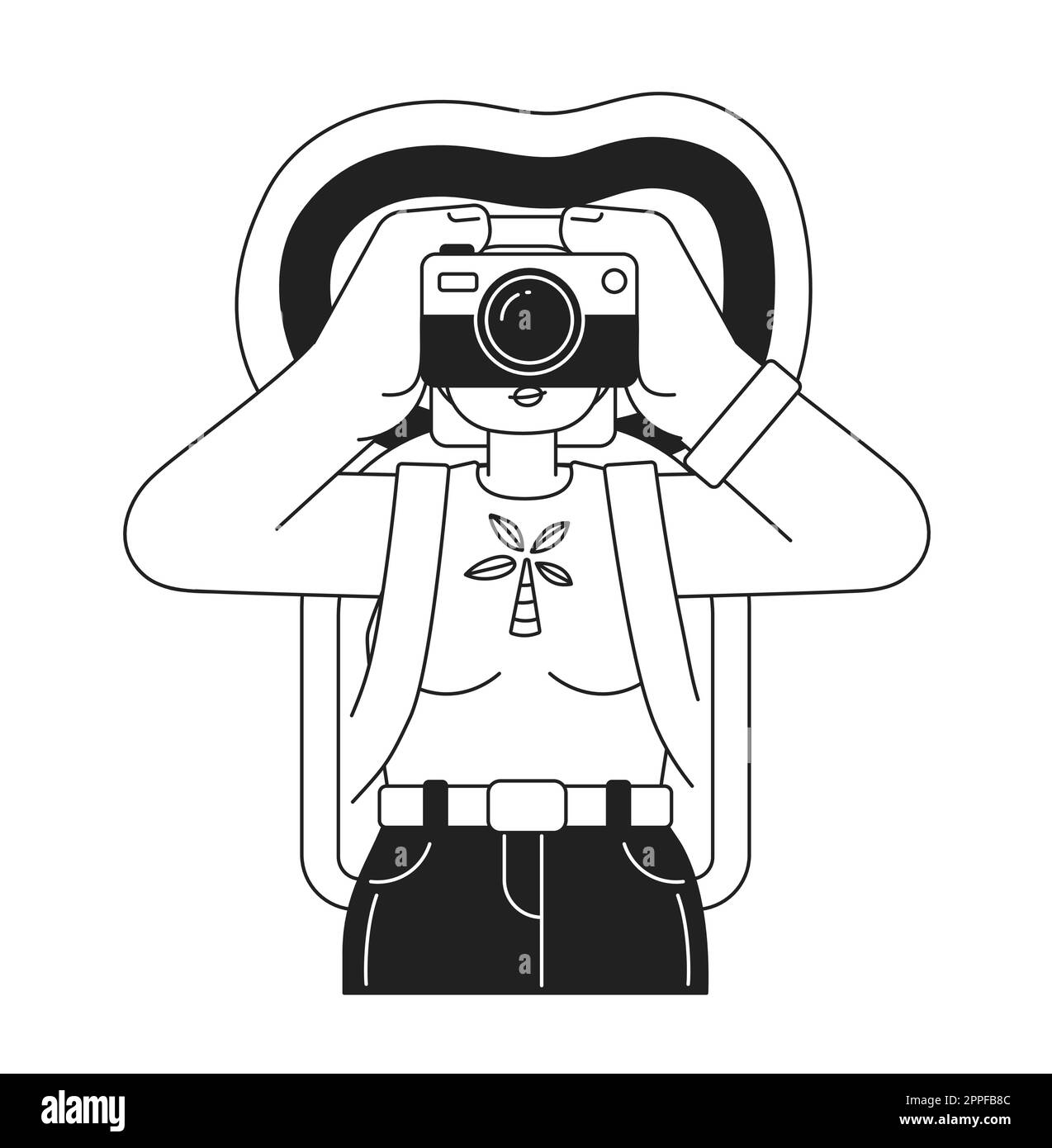 Female traveler capturing holiday memories on camera monochromatic flat ...